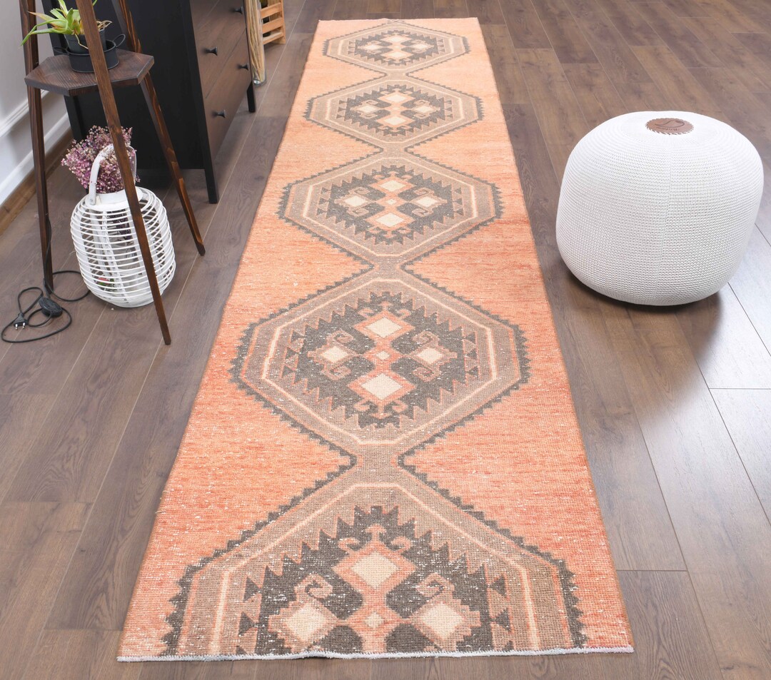 3x13 Vintage Turkish Orange Runner, Oushak Handmade Wool Rug, Farmhouse ...