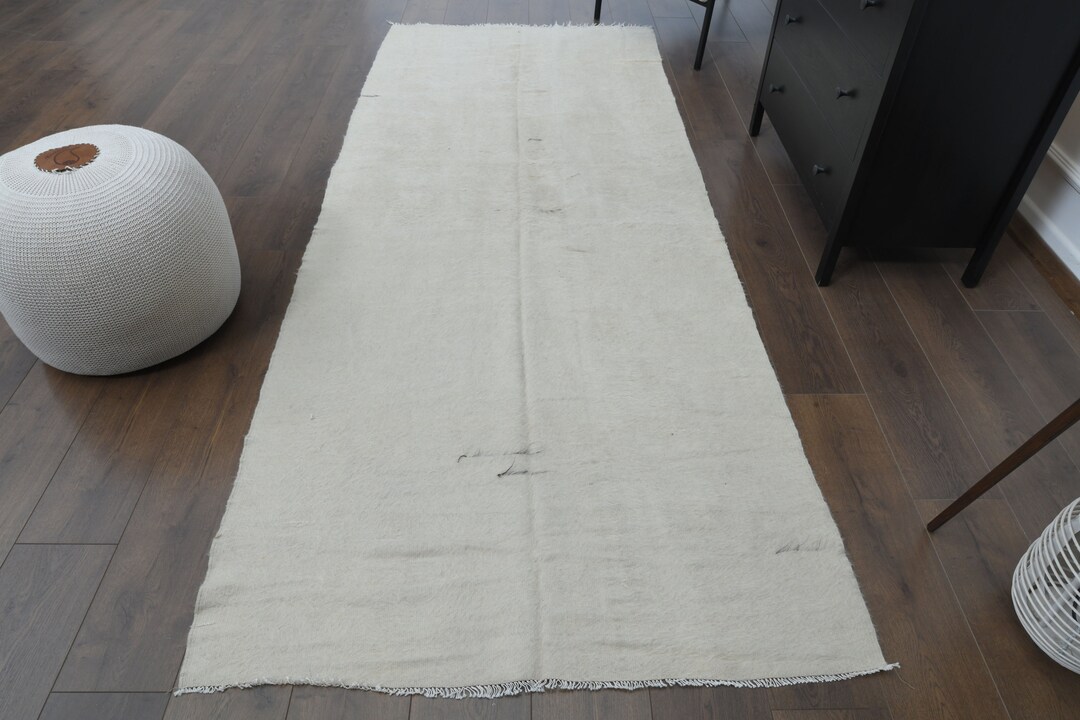 4x9 Cream White Solid Vintage Turkish Kilim, Handmade Wool Rug, 4x9 ...