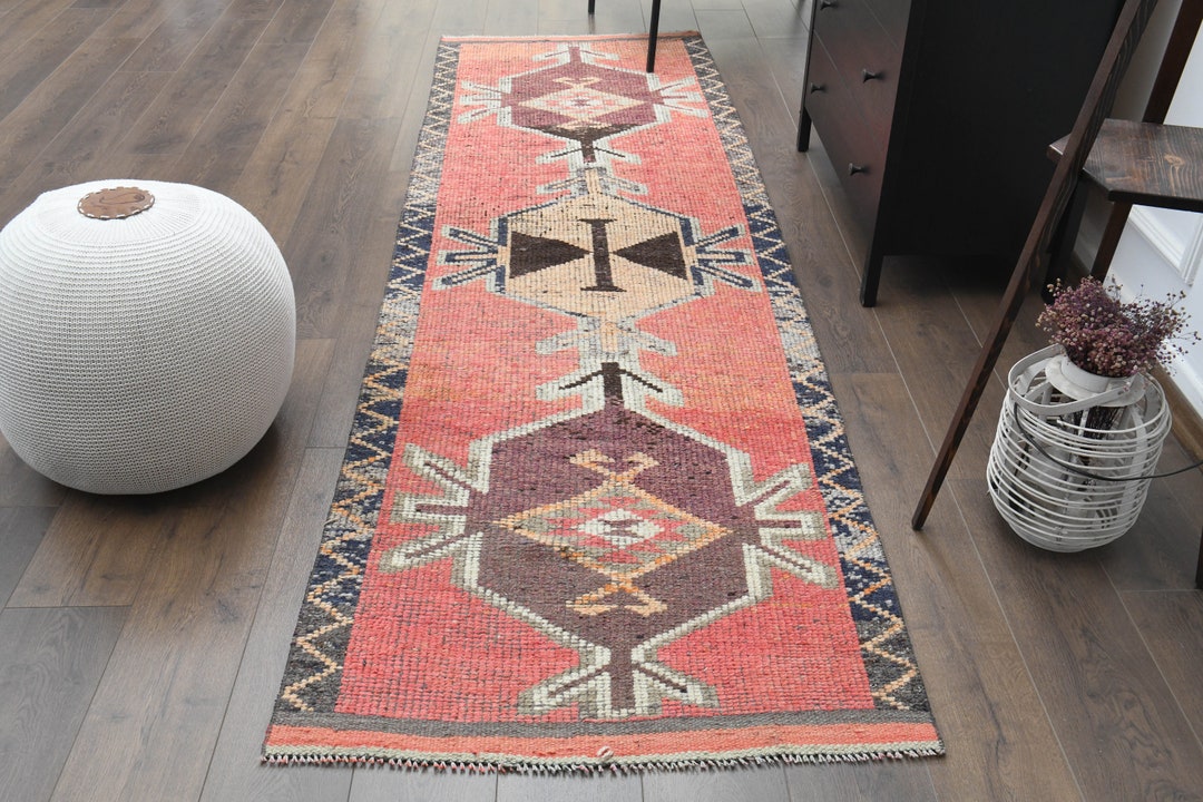 3'1x9'7 Ft, PINK ORANGE RUNNER, Handmade Herki Oushak Runner, 3x10 ...