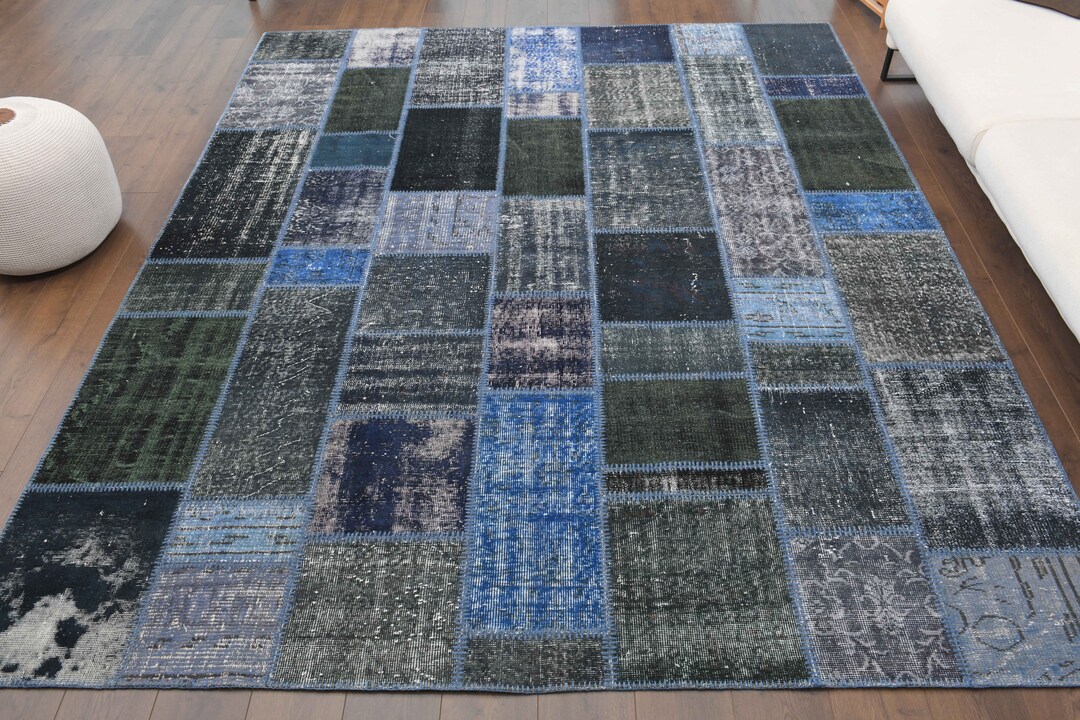 8x10 Blue Shades, PATCHWORK VINTAGE RUG, Turkish Oushak Handmade Wool ...