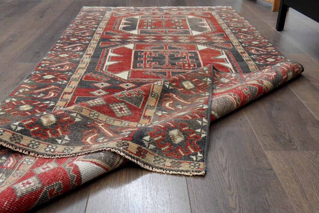 3x7 Turkish Vintage Runner, Oushak Runner, Handmade Wool Rug, Geometric ...