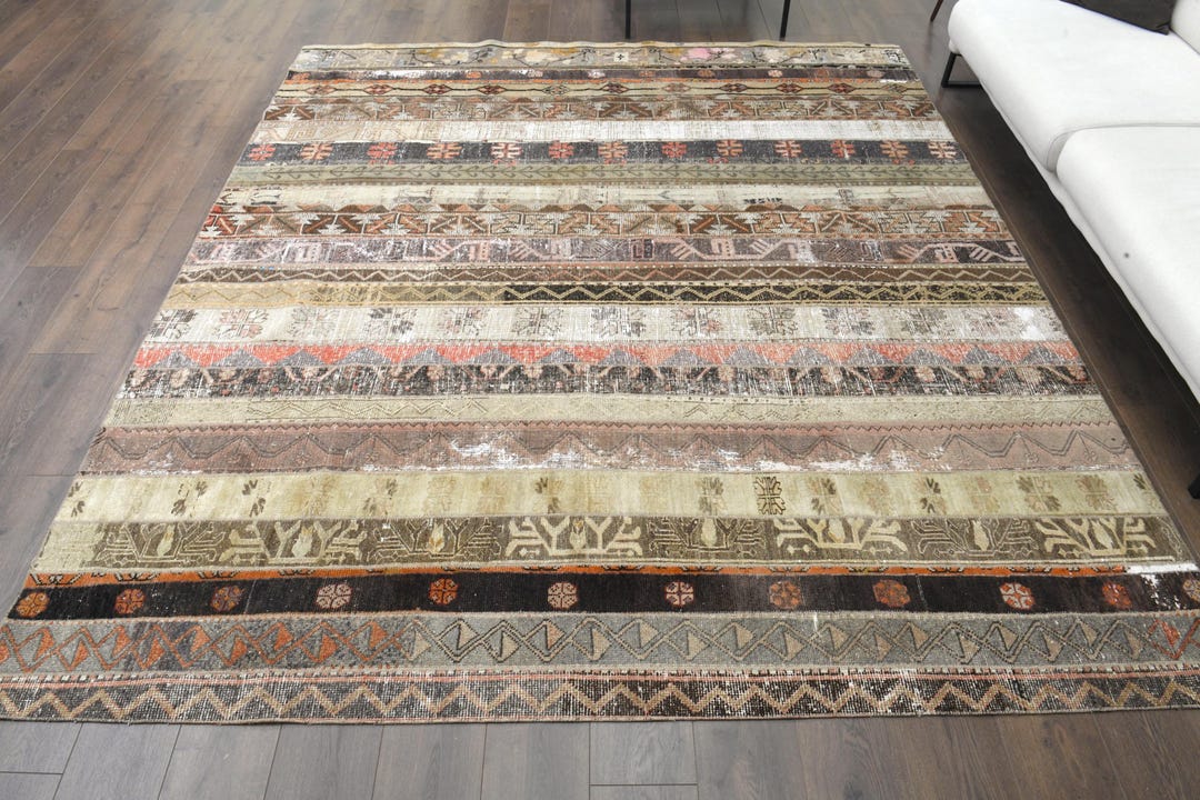 8x9 Ft, PATCHWORK Turkish Vintage Rug, Oushak Handmade Wool Rug, Multi ...