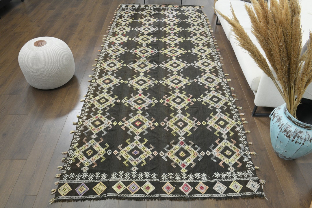 5x12 Black Turkish Runner, Handmade Black 5x12 Large Kilim Runner, 5x12 ...