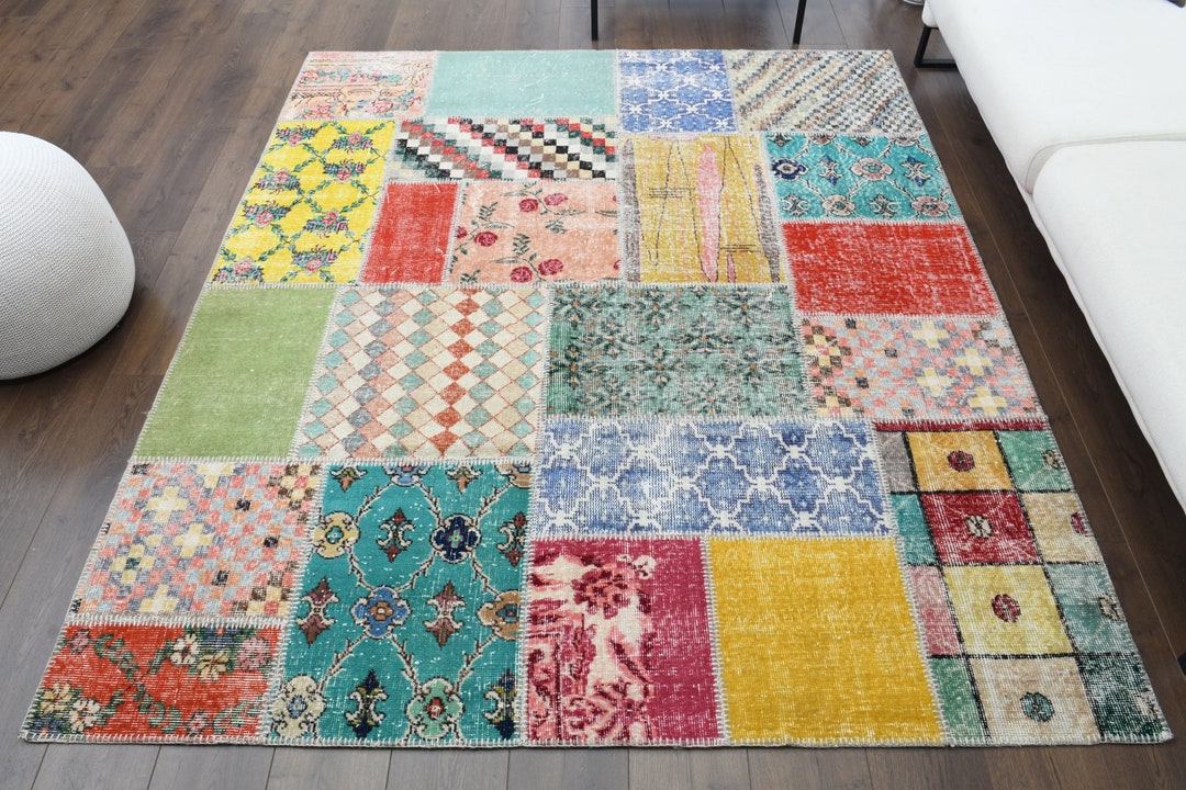 6x7 Vintage Turkish Area Rug, Oushak Rug, Patchwork Carpet, Handmade ...