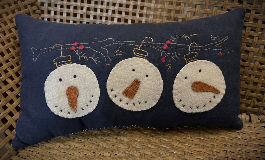 Handstitched Winter Snowmen on Branch Pillow | Wool Applique Snowman ...