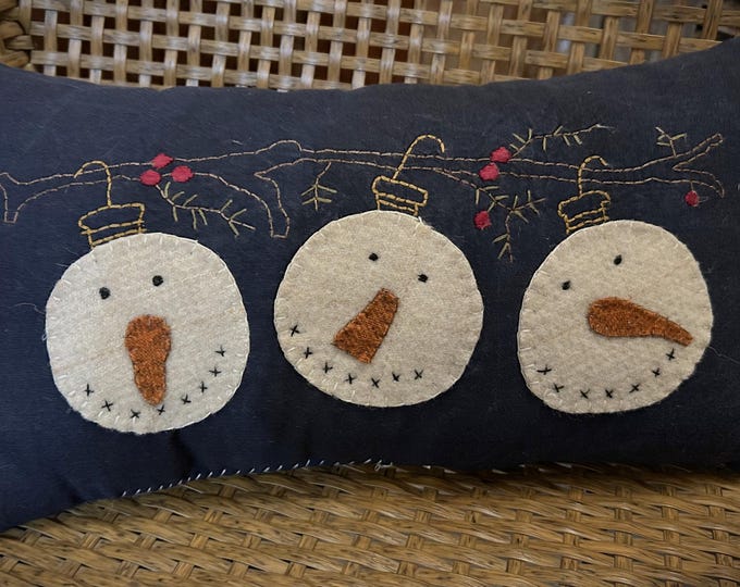 Handstitched Winter Snowmen on Branch Pillow | Wool Applique Snowman ...