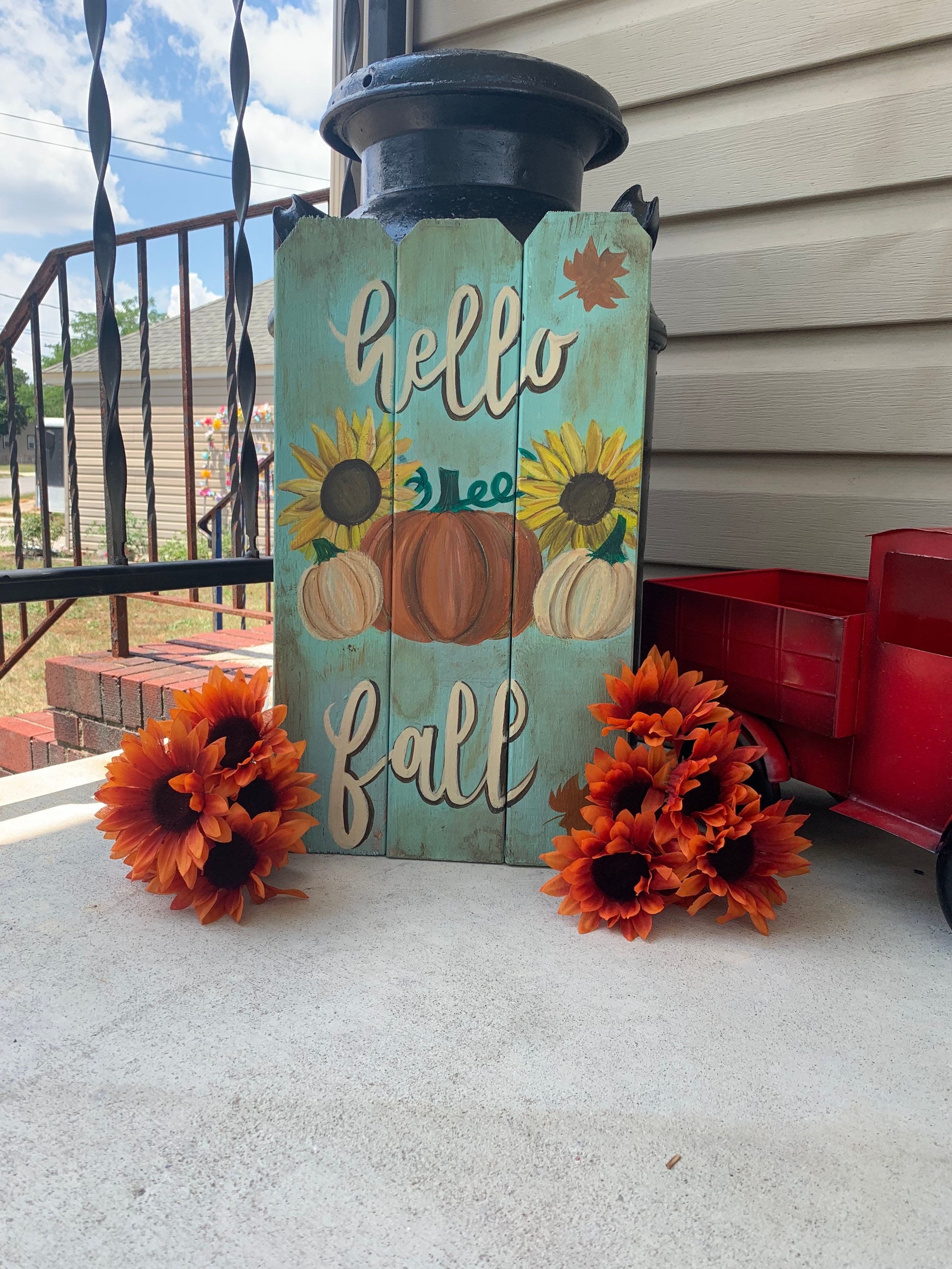 Hello Fall Sign/ White Pumpkins/ Sunflowers/ Porch Sign | Etsy