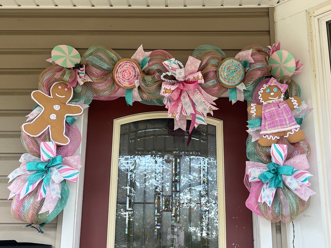 Gingerbread Christmas Garland With Lights, Pink and Mint Green Candy ...