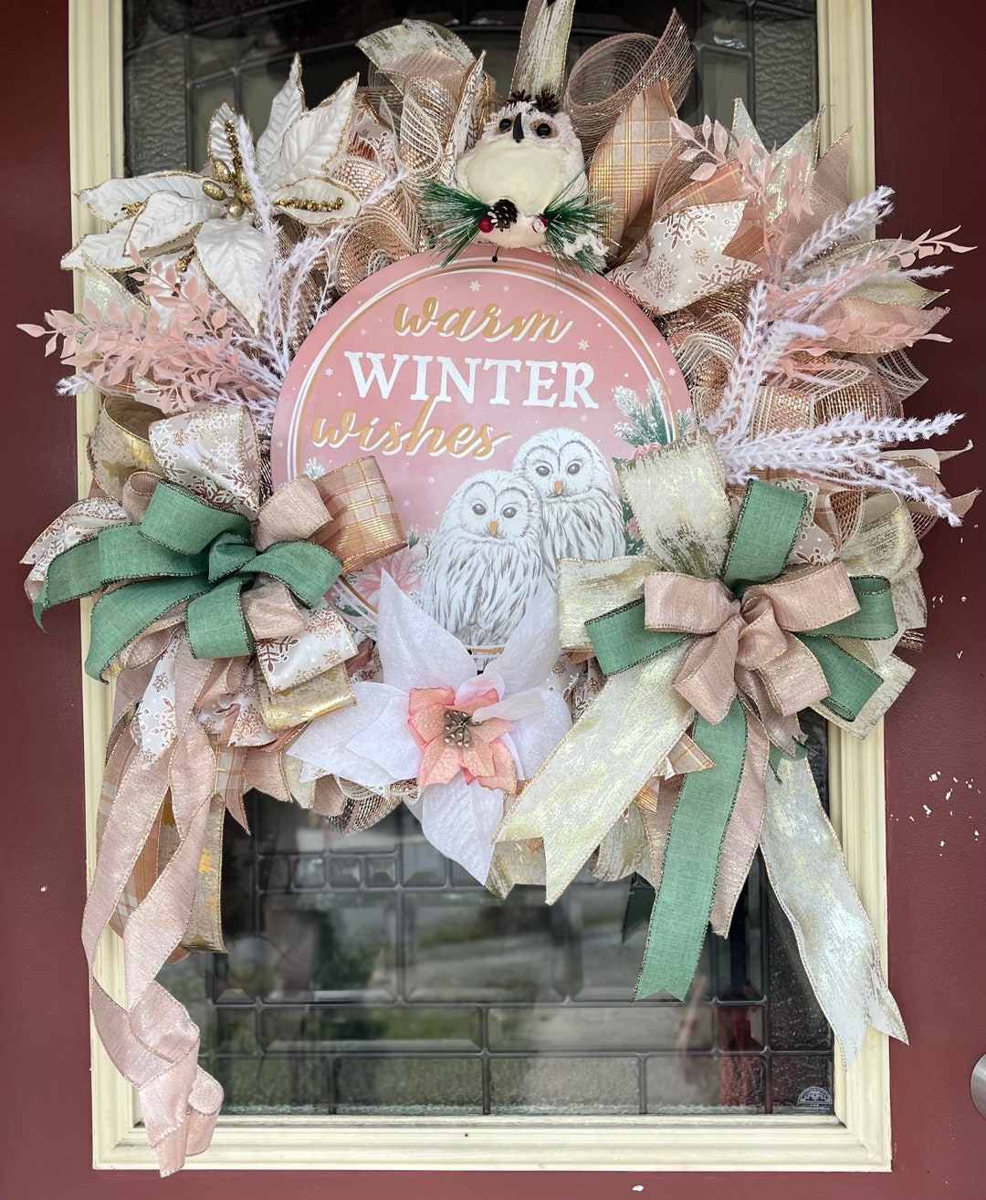 Rose Gold Winter Wreath, Pink, Ivory and Sage Green Winter Owl Wreath ...
