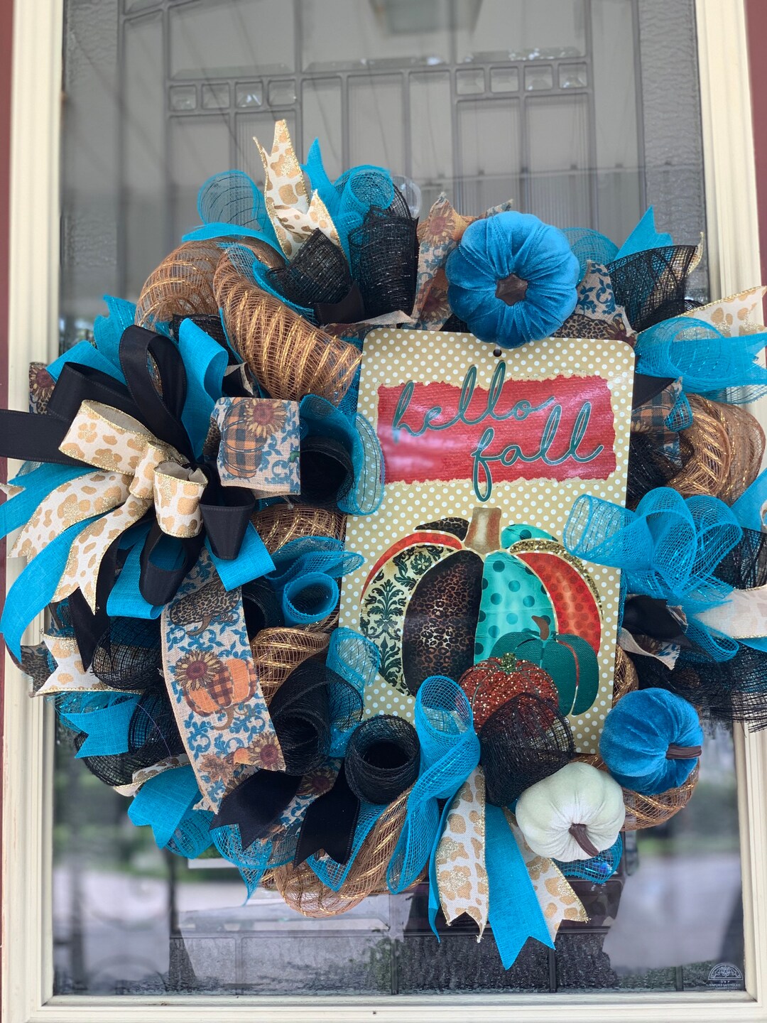 Teal Fall Wreath/ Velvet Pumpkin Wreath - Etsy