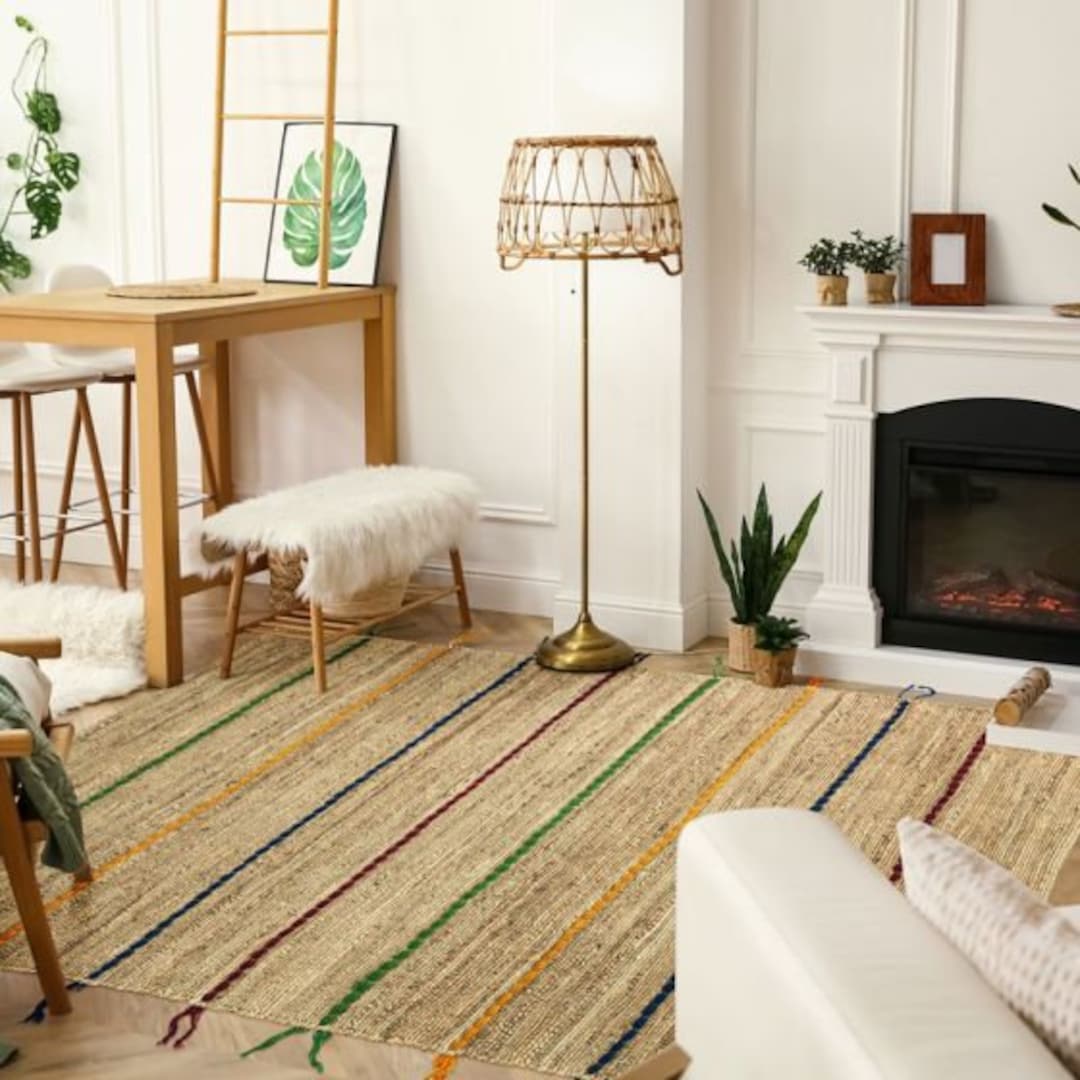 Natural Jute Living Room Rug in Multicolored Jute Handmade Boho Rug ...