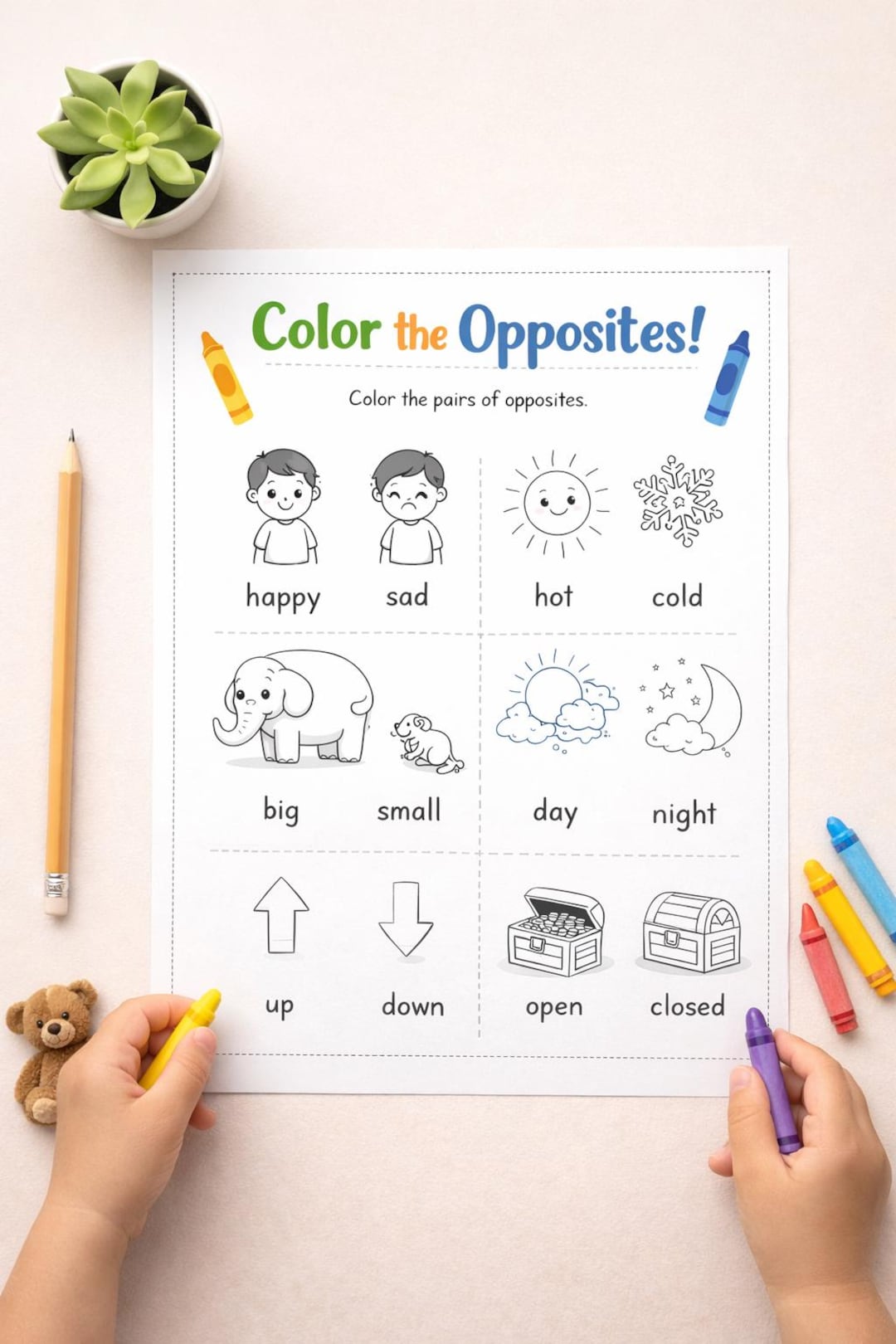 Opposites Worksheet Printable for Kids | Preschool Learning Activity ...