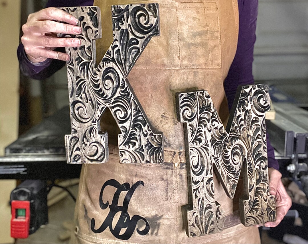 Wood Letter Initial Cutout W/ Tooled Carved Inset Design - Etsy