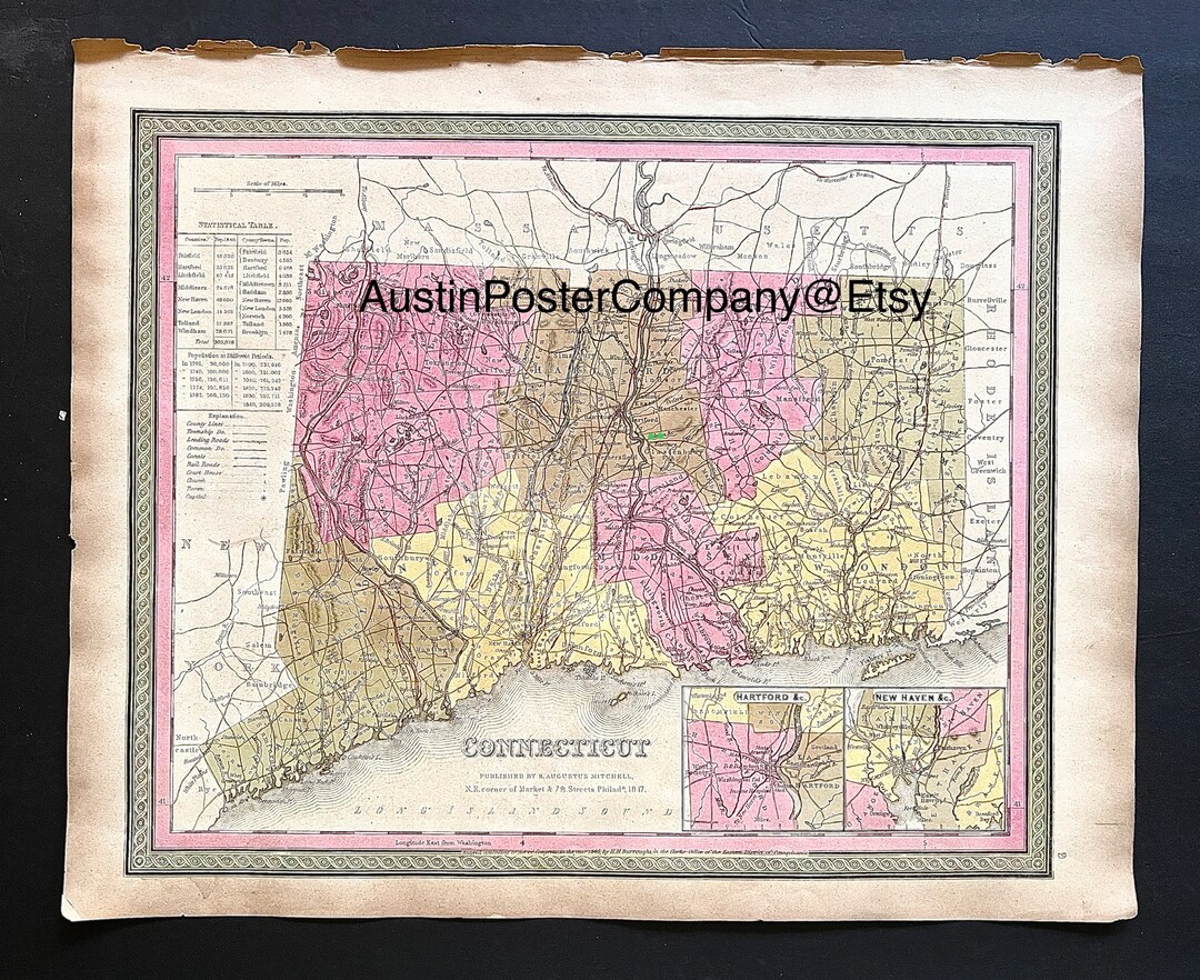 1848 - Connectitcut - Rare Original Full State Map - Etsy