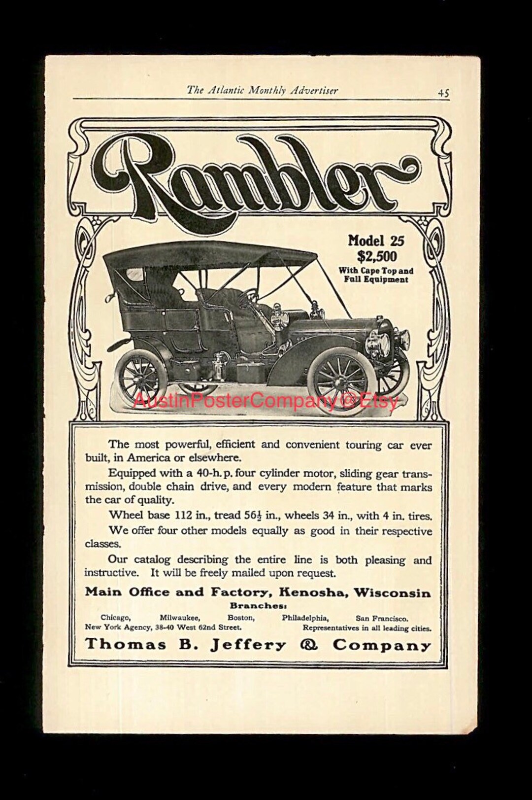 1907 Ad Rambler Model 25 Thomas B. Jeffery Pricing Original Advertising ...