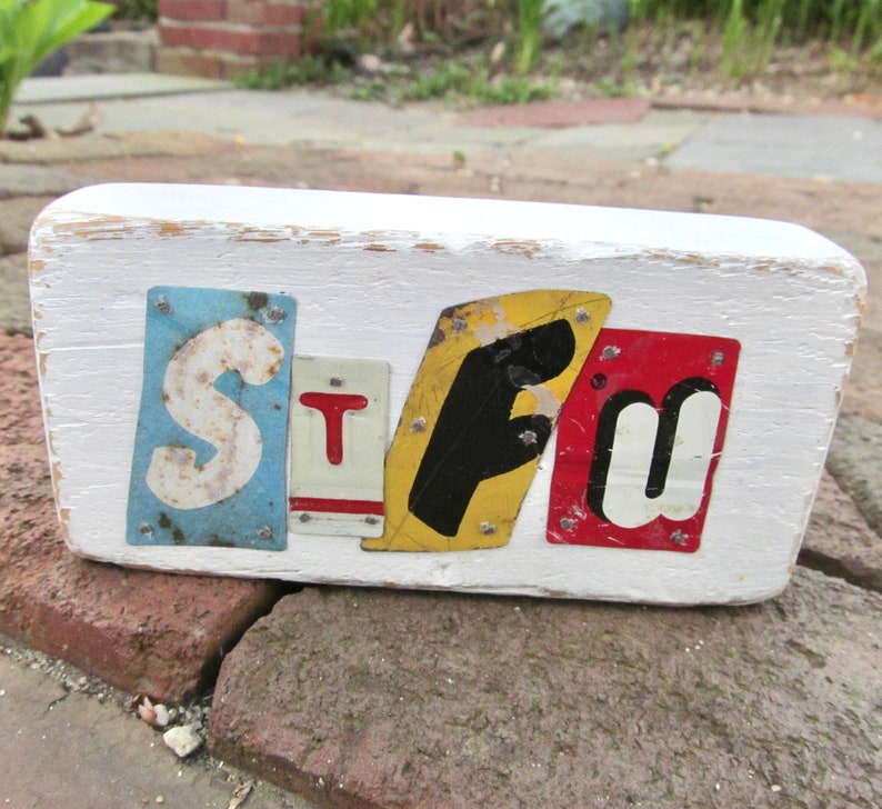 STFU Vintage Tin Sign Paperweight Letter Art Collage Sculpture Wood ...