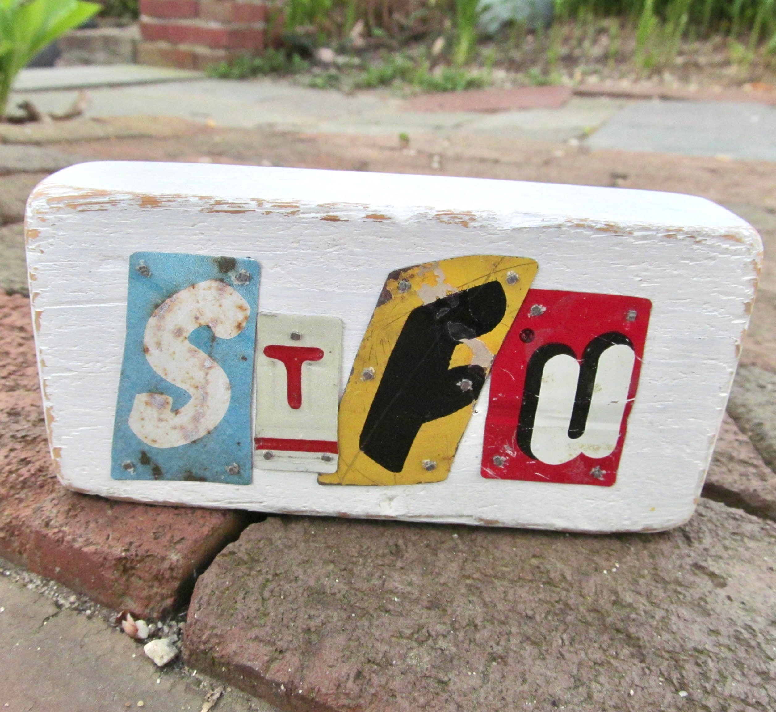 STFU Vintage Tin Sign Paperweight Letter Art Collage Sculpture Wood ...