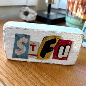 STFU Vintage Tin Sign Paperweight Letter Art Collage Sculpture Wood ...