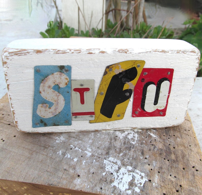 STFU Vintage Tin Sign Paperweight Letter Art Collage Sculpture Wood ...