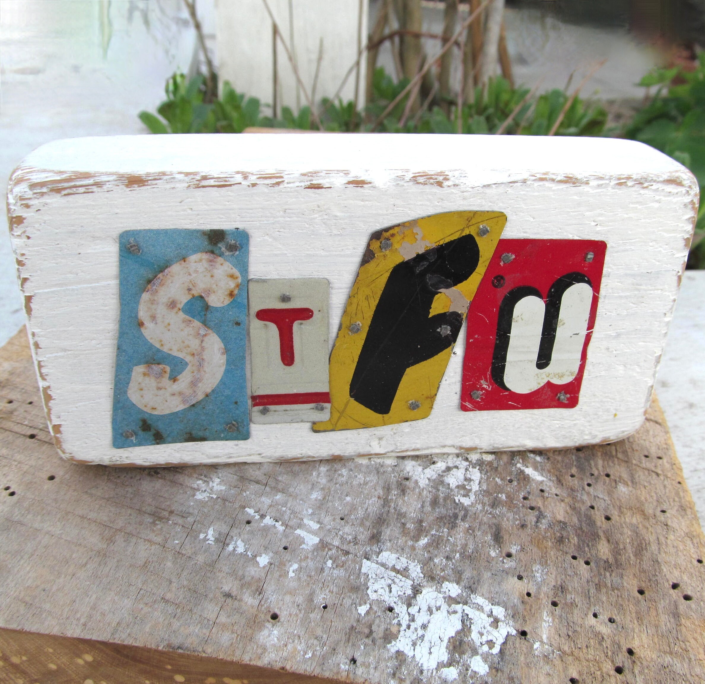 STFU Vintage Tin Sign Paperweight Letter Art Collage Sculpture Wood ...