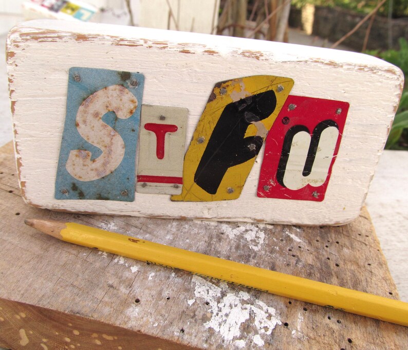STFU Vintage Tin Sign Paperweight Letter Art Collage Sculpture Wood ...