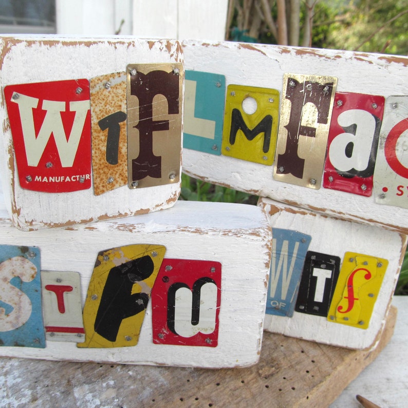 STFU Vintage Tin Sign Paperweight Letter Art Collage Sculpture Wood ...