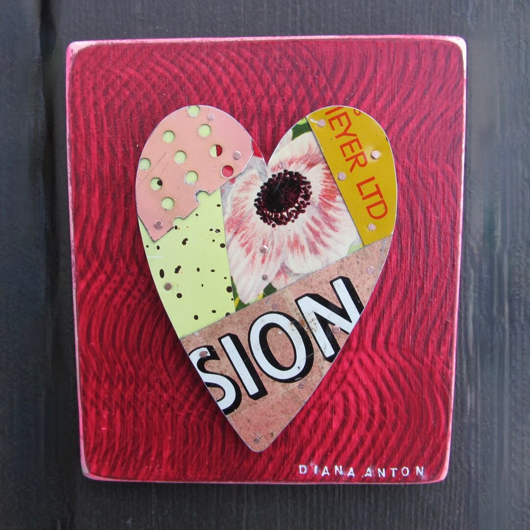 Small Mounted Tin Heart Collage Deep Red Pink Upcycled Metal Wall Art ...