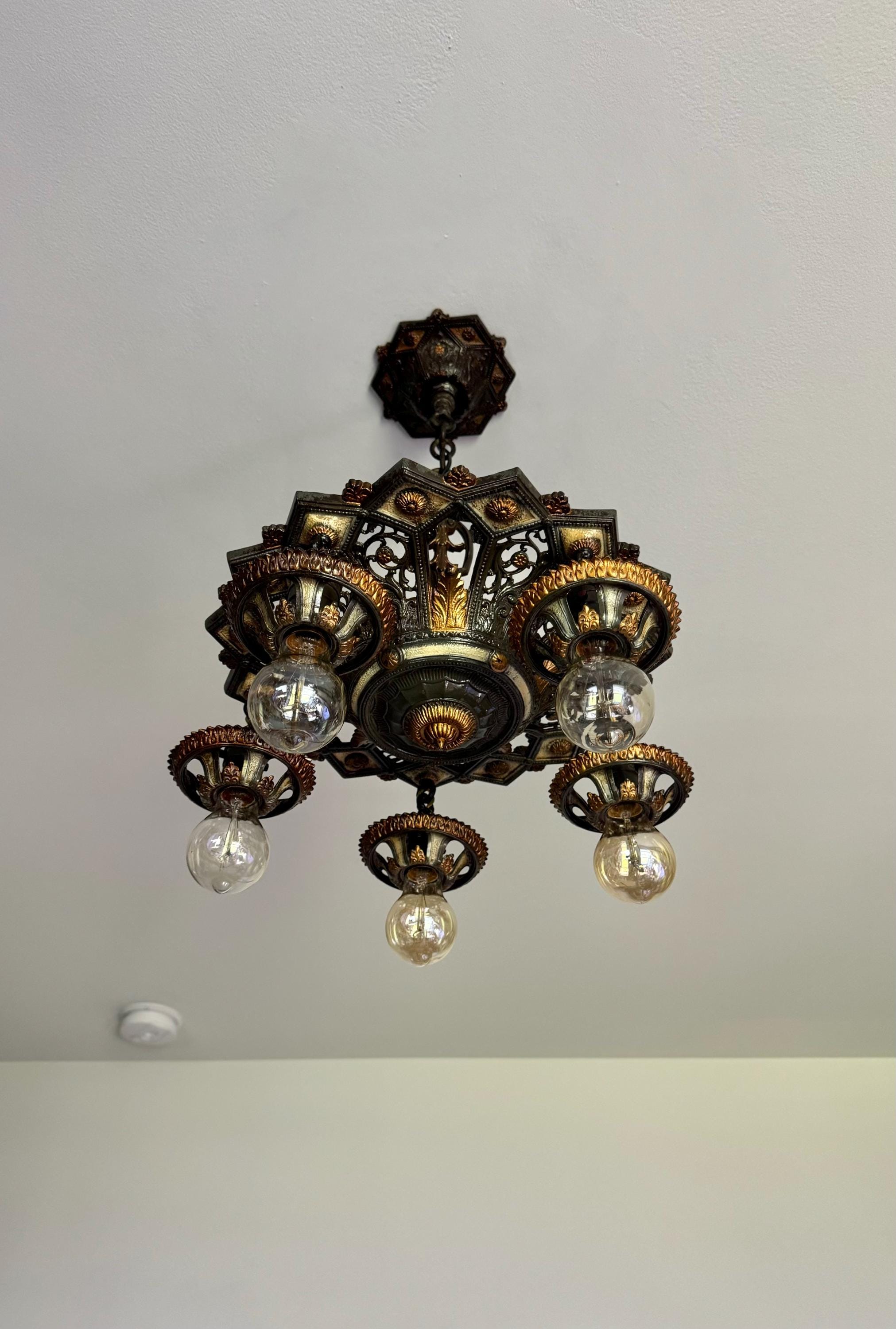 Restored Antique Hanging Ceiling Light, Original Metallic Gold With ...