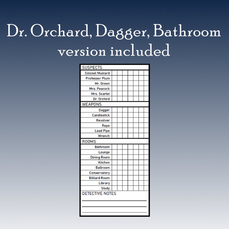 Instant Download Clue Cluedo Board Game Detective Deduction Score Cards ...
