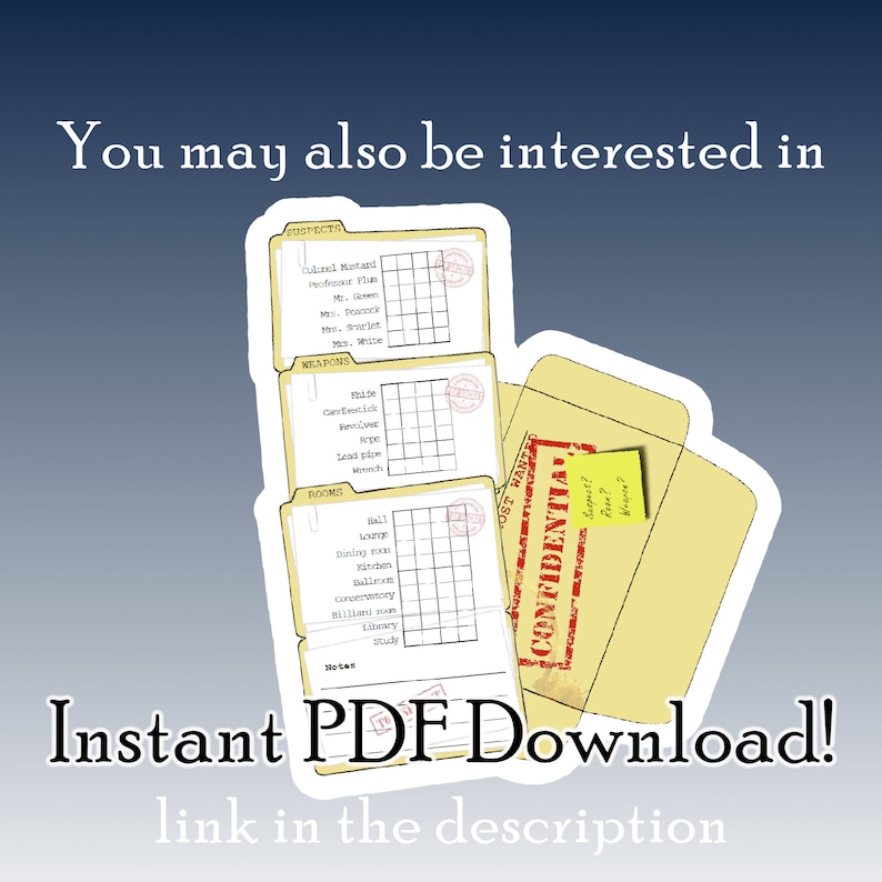 Instant Download Clue Cluedo Board Game Detective Deduction Score Cards ...