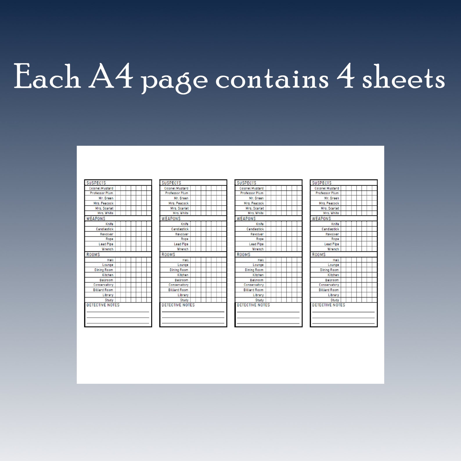 Instant Download Clue Cluedo Board Game Detective Deduction Score Cards ...