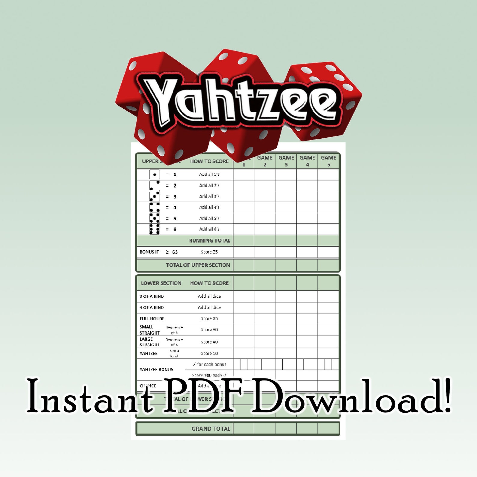 Instant Download Yahtzee Dice Chance Board Game Score Cards Sheets ...