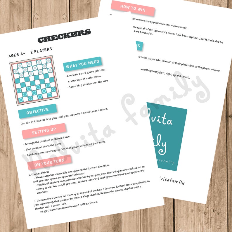 Instant Download Checkers Board Game Printable PDF - Etsy