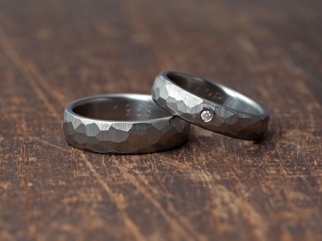 Matching Titanium Ring Set With Faceted Obsidian Finish & Genuine ...