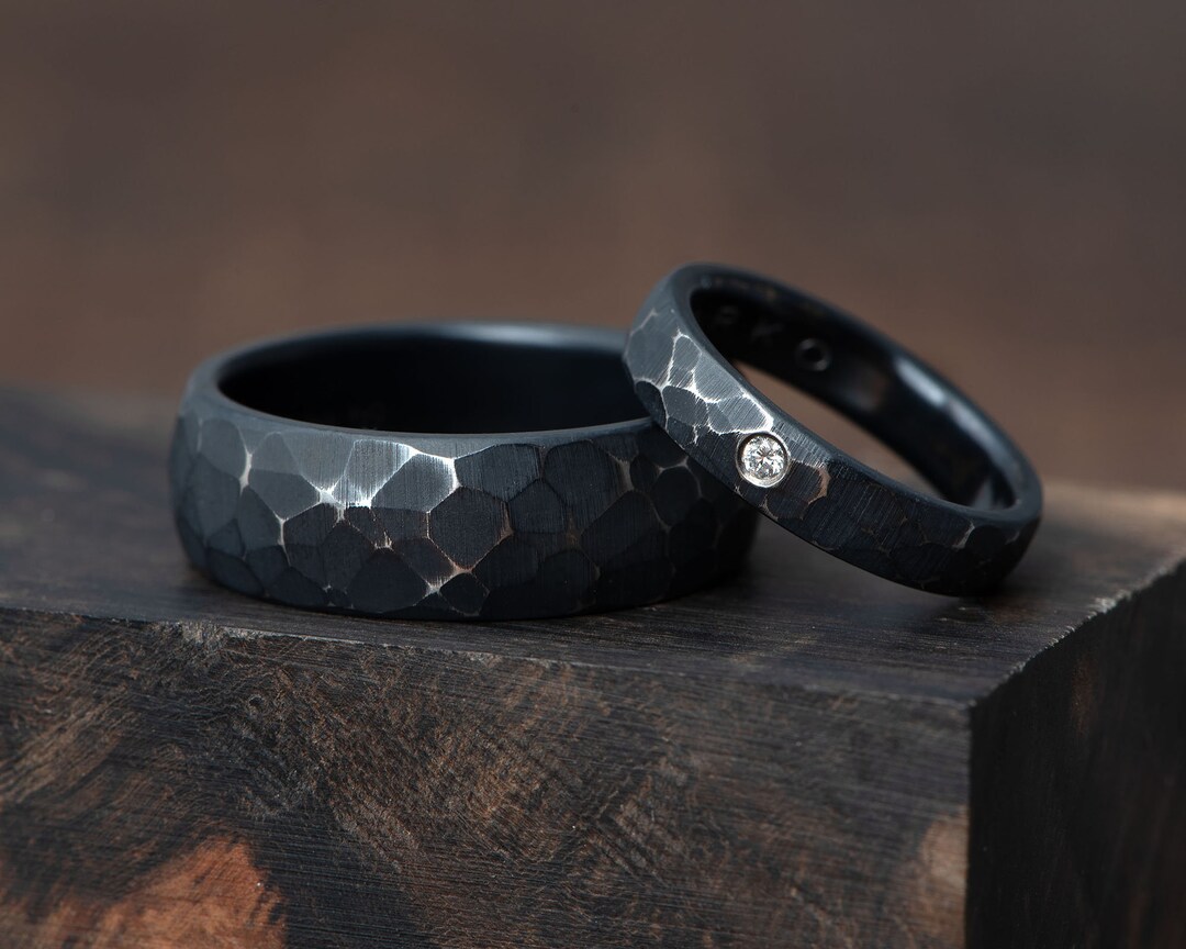 Matching Dark Titanium Ring Set With Faceted Obsidian Finish, Worn Look ...