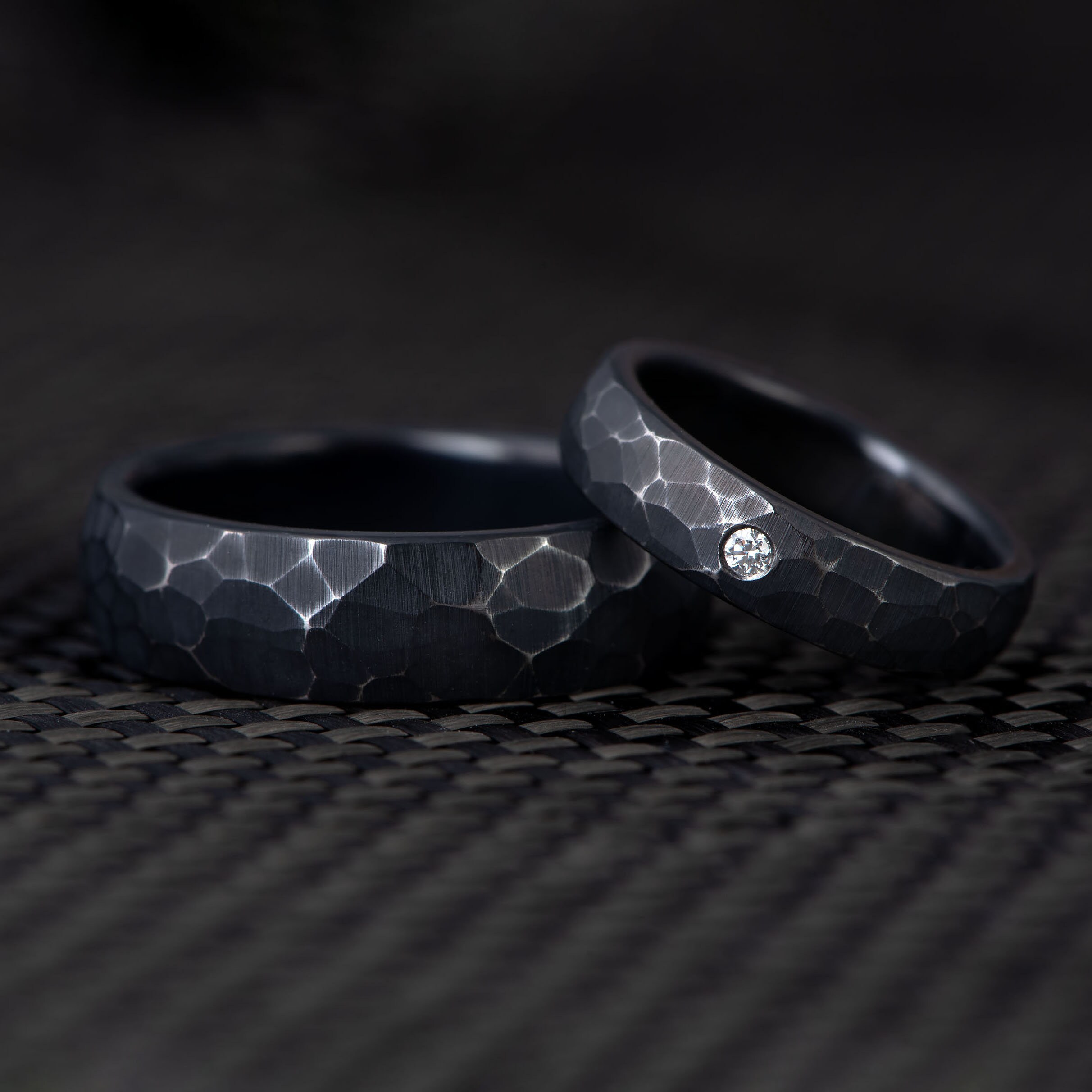 Matching Dark Titanium Ring Set With Faceted Obsidian Finish, Worn Look ...