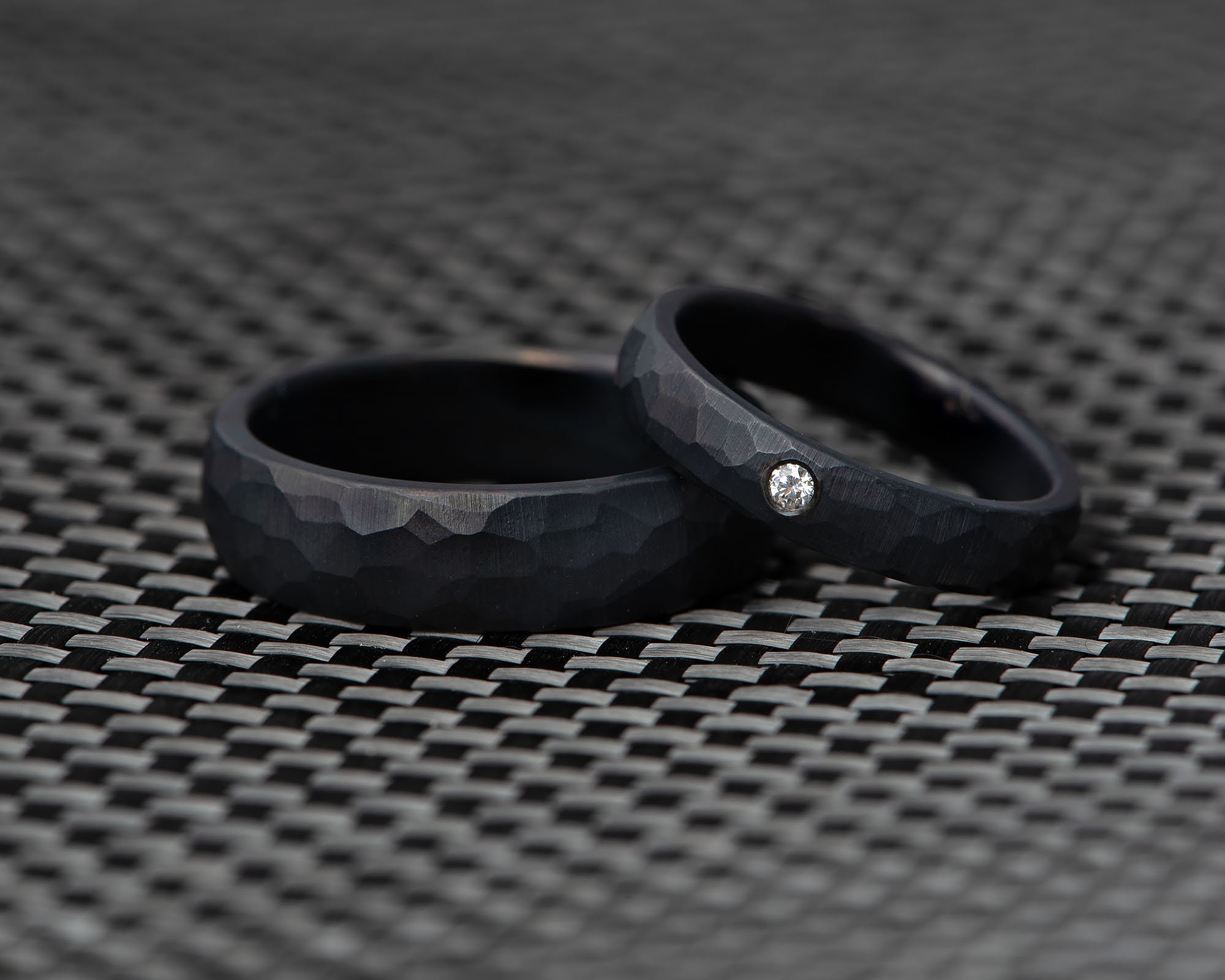 Matching Dark Titanium Ring Set With Faceted Obsidian Finish & Genuine ...