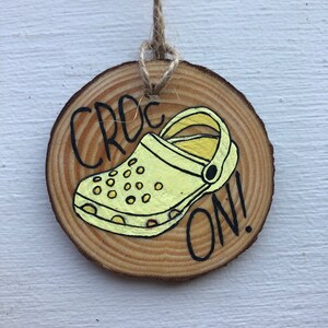 Hand-painted Croc Wood Slice Ornament – Custom Color, Rustic Bark ...