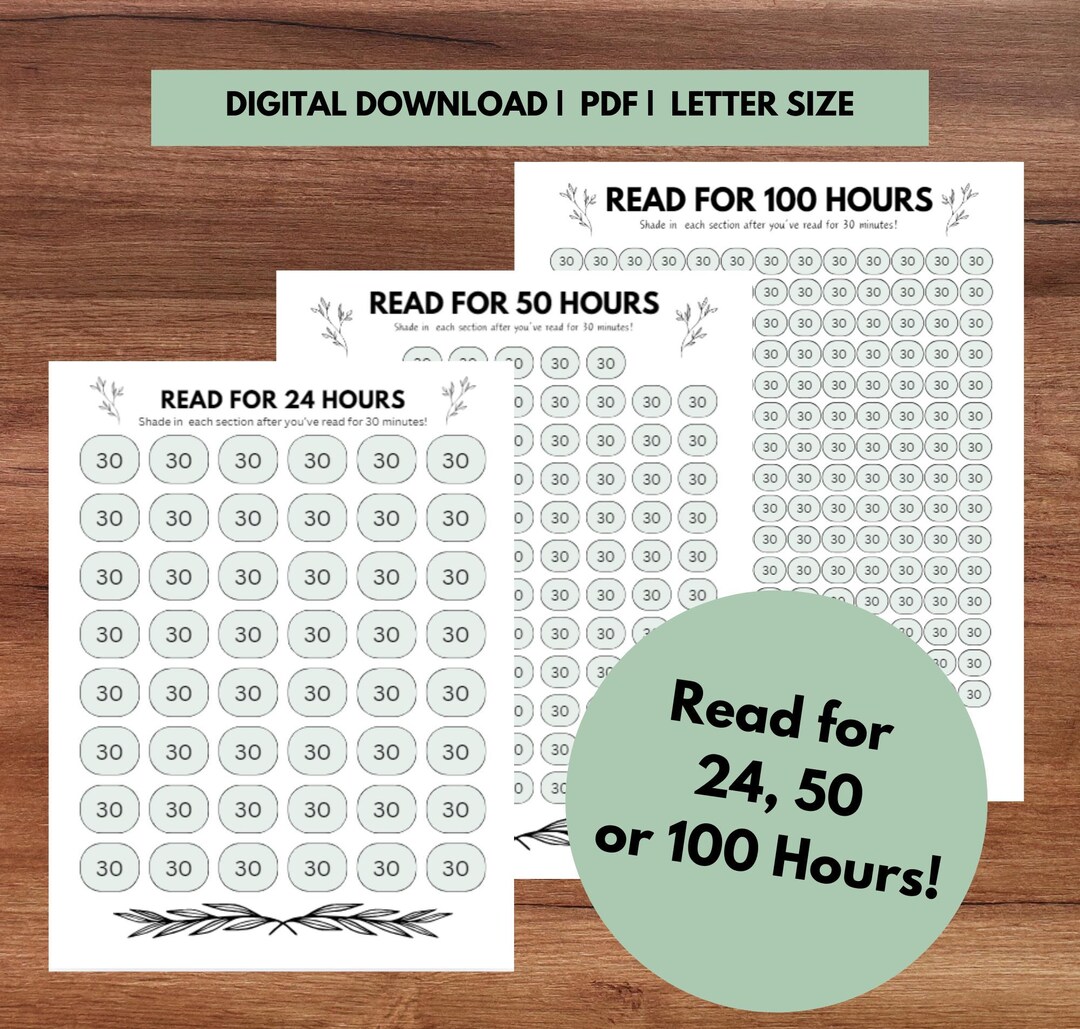 Read for 24, 50, or 100 Hours Log | Reading Log | Reading Hours ...