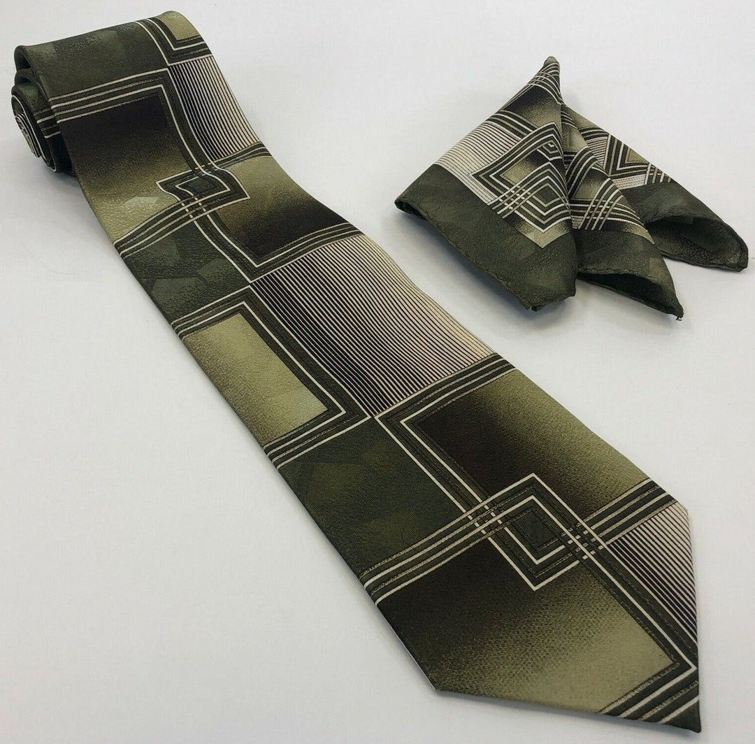 Green With Squares and Stripes Necktie W/ Pocket Square - Vintage ...