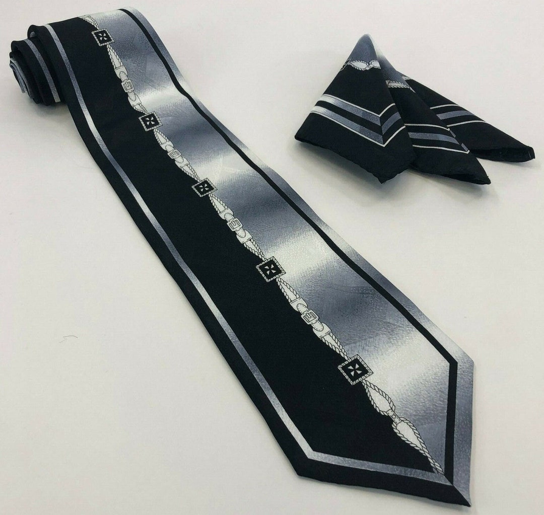 Black & Silver With Buckle Design Necktie W/ Pocket Square Vintage ...