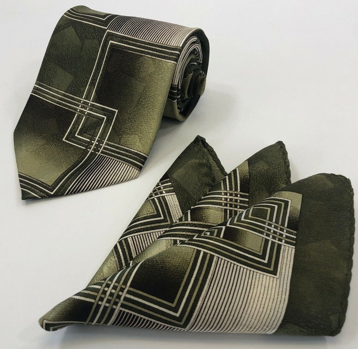 Green With Squares and Stripes Necktie W/ Pocket Square - Vintage ...
