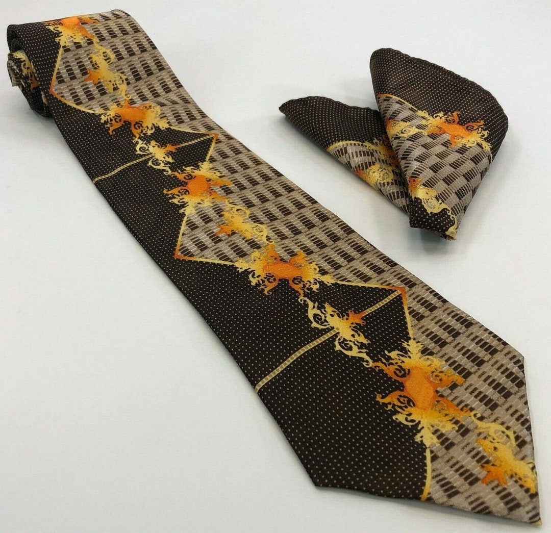Gold and Brown Elegant Necktie W/ Pocket Square - Vintage Classy Tie ...