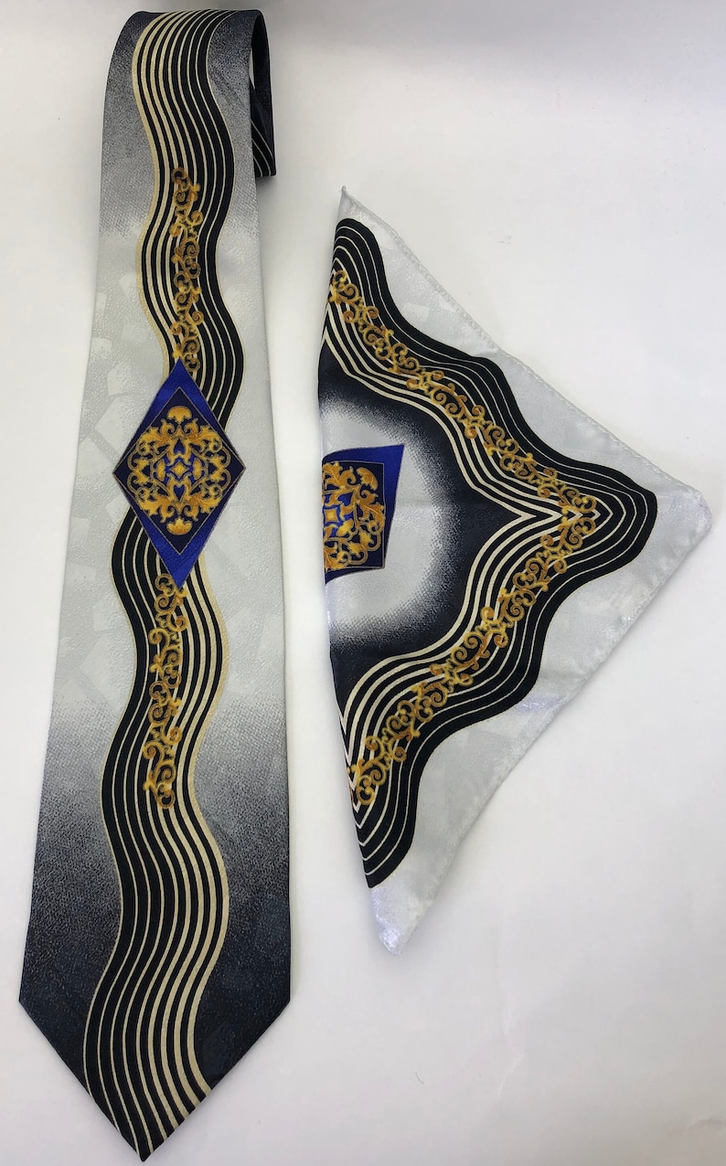 Abstract Art Deco Necktie With Matching Pocket Square - Vintage Tie and ...