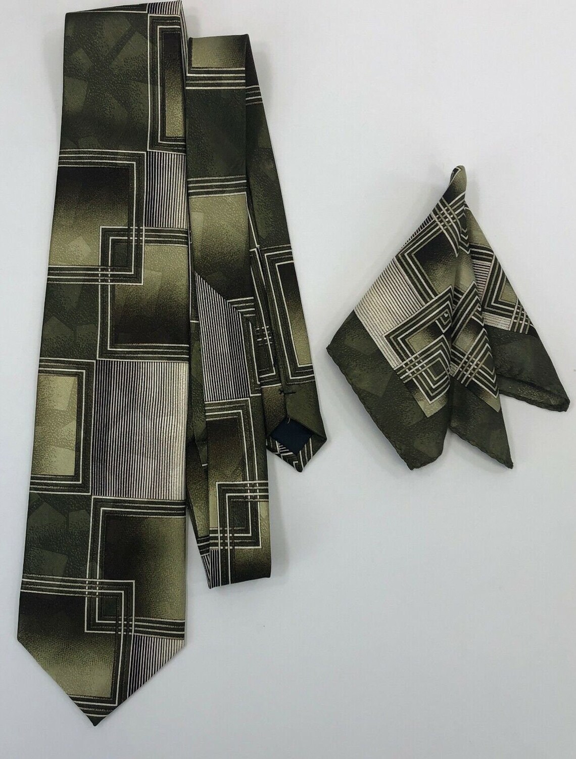 Green With Squares and Stripes Necktie W/ Pocket Square - Vintage ...
