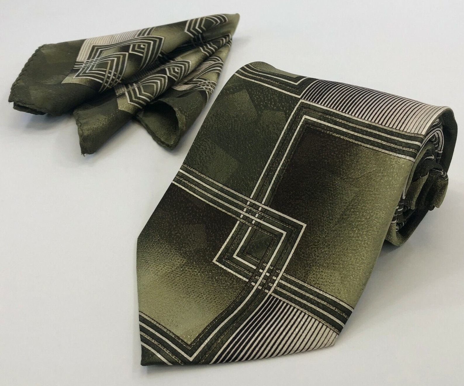 Green With Squares and Stripes Necktie W/ Pocket Square - Vintage ...