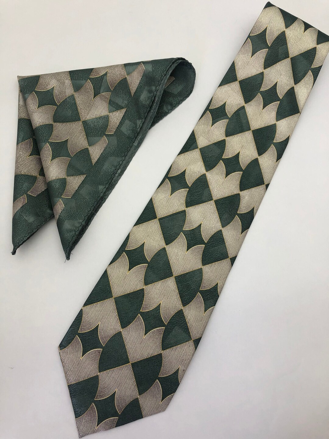 Vintage Geometric Necktie Set - Green & Gold Abstract Art - Etsy