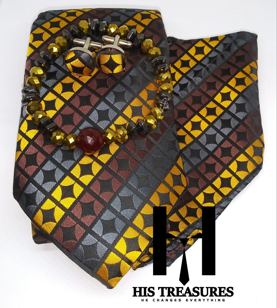 Juego de corbata de oro negro y gris con pulsera de piedras preciosas ...