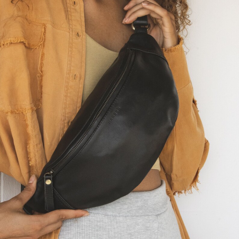 Black Leather Fanny Pack Leather Crossbody Bag Large Hip | Etsy
