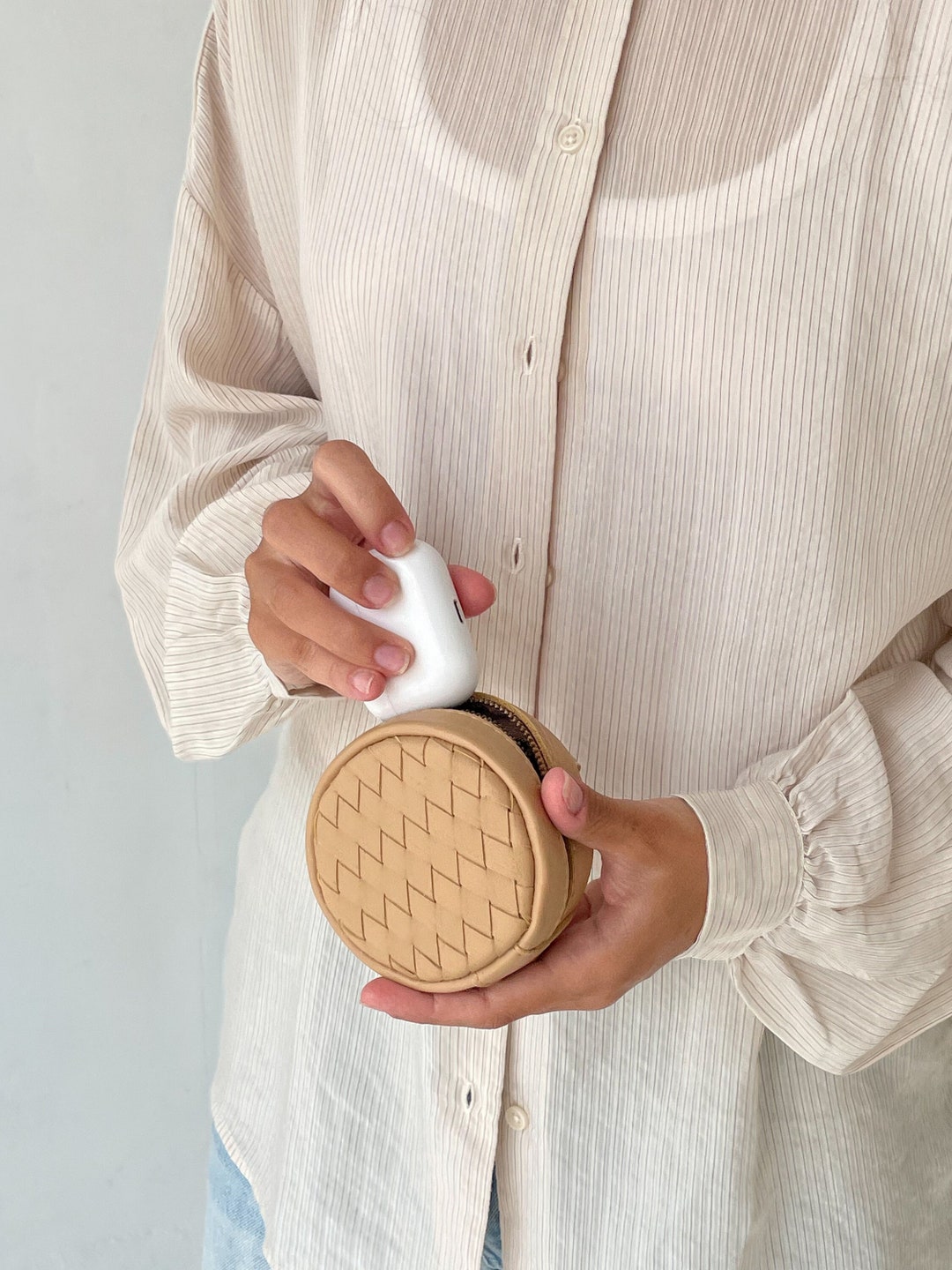 Beige Woven Leather Coin Purse: Circular Attachable Pouch - Etsy